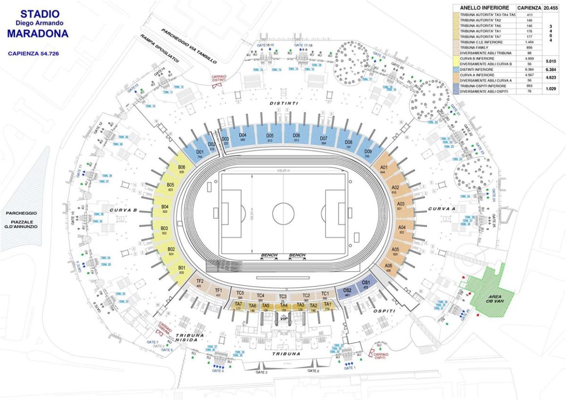 Napoli, mappa dello stadio Maradona ex San Paolo | settori e accessi